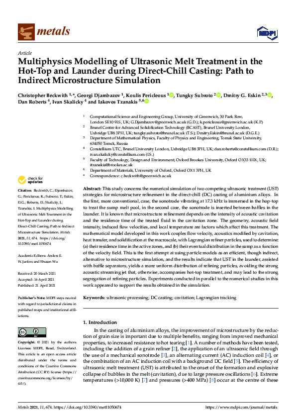 (PDF) Multiphysics Modelling of Ultrasonic Melt Treatment in the Hot-Top and Launder during ...