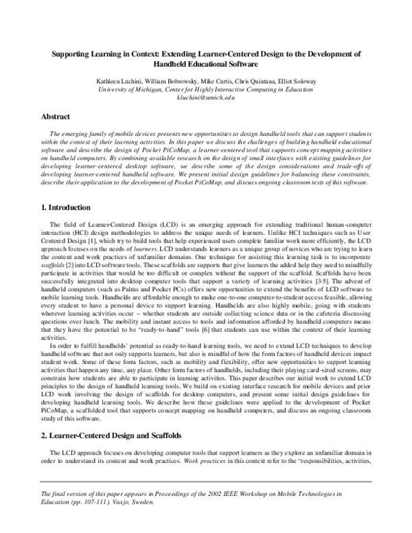 (PDF) Supporting learning in context: extending learner-centered design to the development of ...