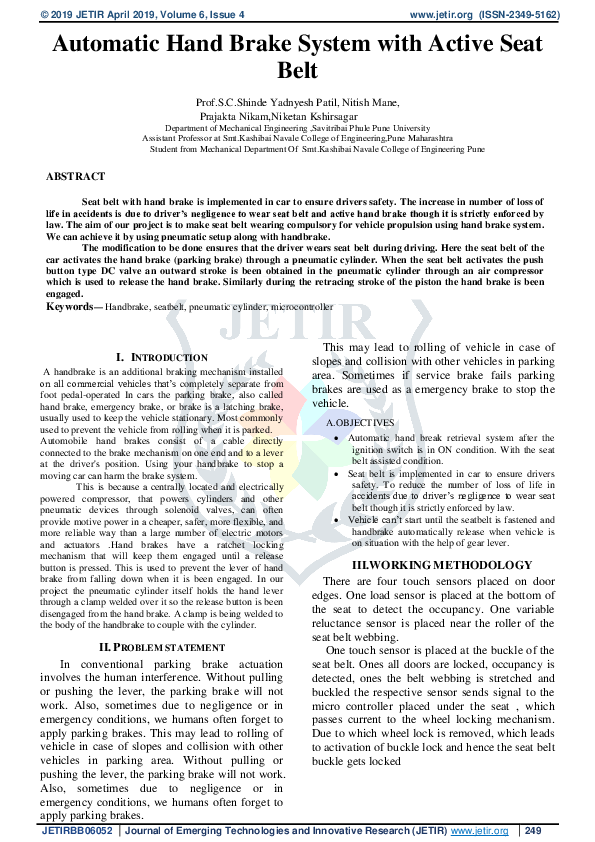 (PDF) Automatic Hand Brake System with Active Seat Belt | Yadnyesh ...