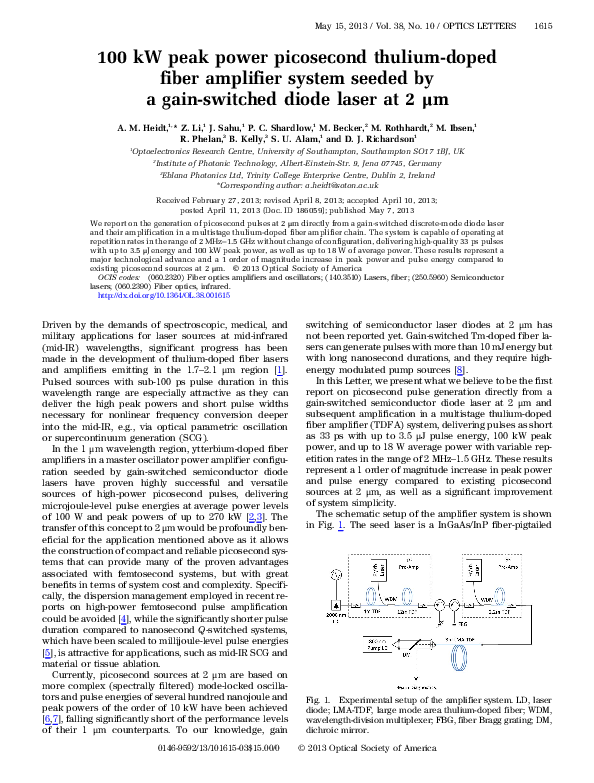 (PDF) 100 kW peak power picosecond thulium-doped fiber amplifier system seeded by a gain ...