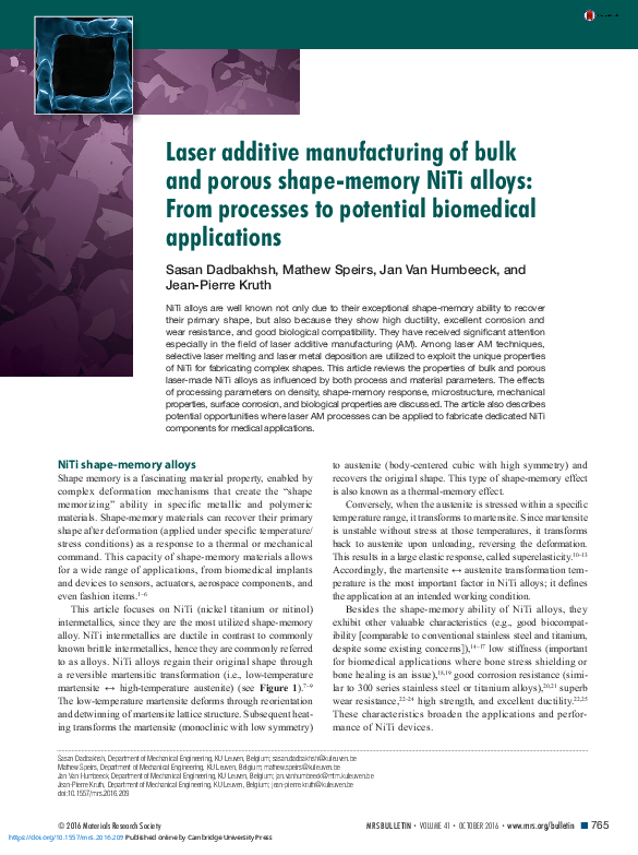 (PDF) Laser additive manufacturing of bulk and porous shape-memory NiTi alloys: From processes ...