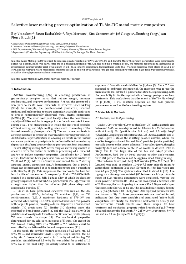 Pdf Selective Laser Melting Process Optimization Of Ti Mo Tic Metal Matrix Composites