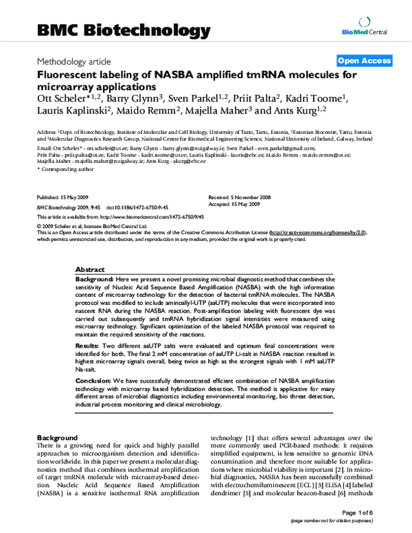 (PDF) Fluorescent labeling of NASBA amplified tmRNA molecules for microarray applications