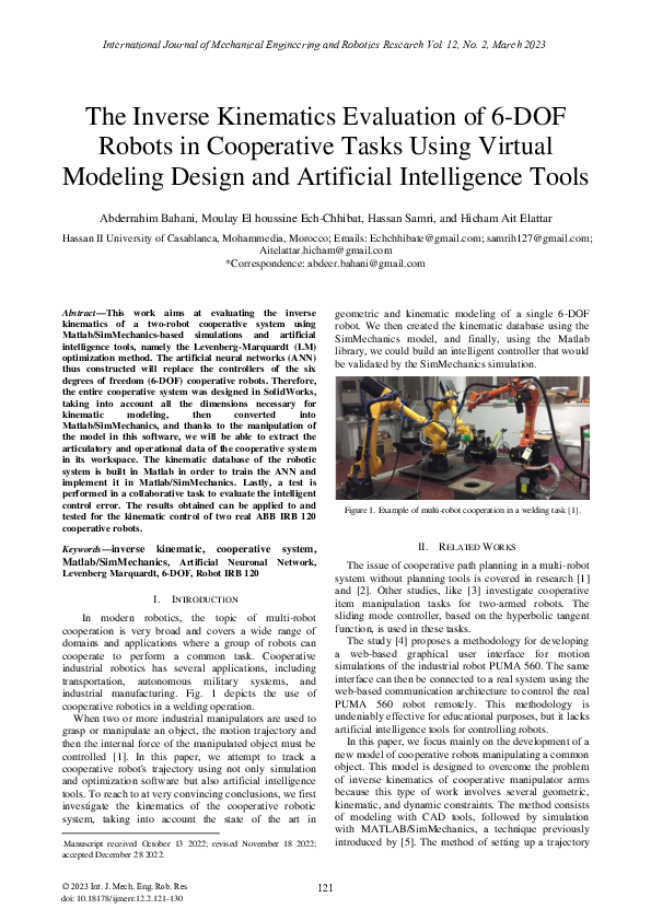 Pdf The Inverse Kinematics Evaluation Of 6 Dof Robots In Cooperative Tasks Using Virtual