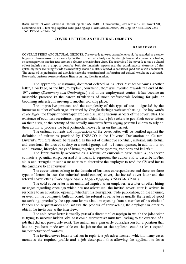 (DOC) Cover Letters as Cultural Objects