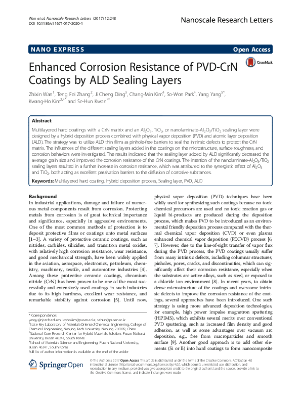(PDF) Enhanced Corrosion Resistance of PVD-CrN Coatings by ALD Sealing Layers