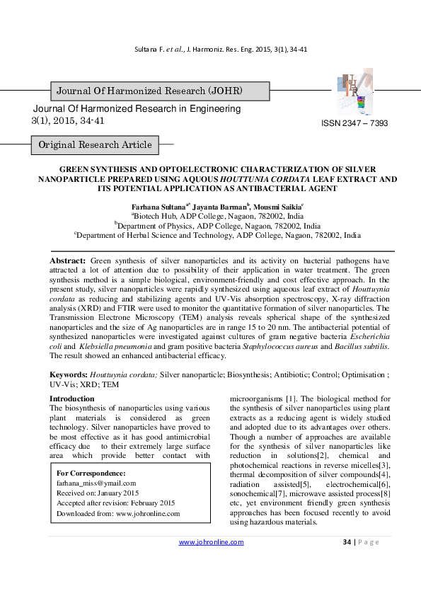 (PDF) Green Synthesis and Optoelectronic Characterization of Silver Nanoparticle Prepared Using ...