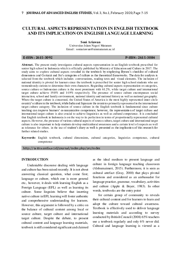 (PDF) Cultural Aspects Representation in English Textbook and Its ...
