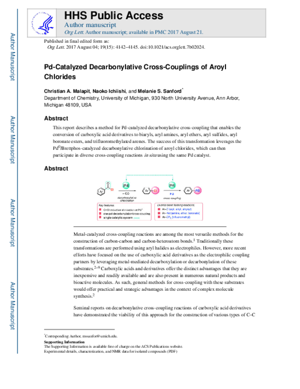 (PDF) Pd-Catalyzed Decarbonylative Cross-Couplings of Aroyl Chlorides
