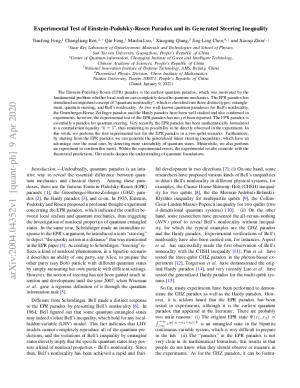 (PDF) Experimental Test of Einstein-Podolsky-Rosen Paradox and its ...