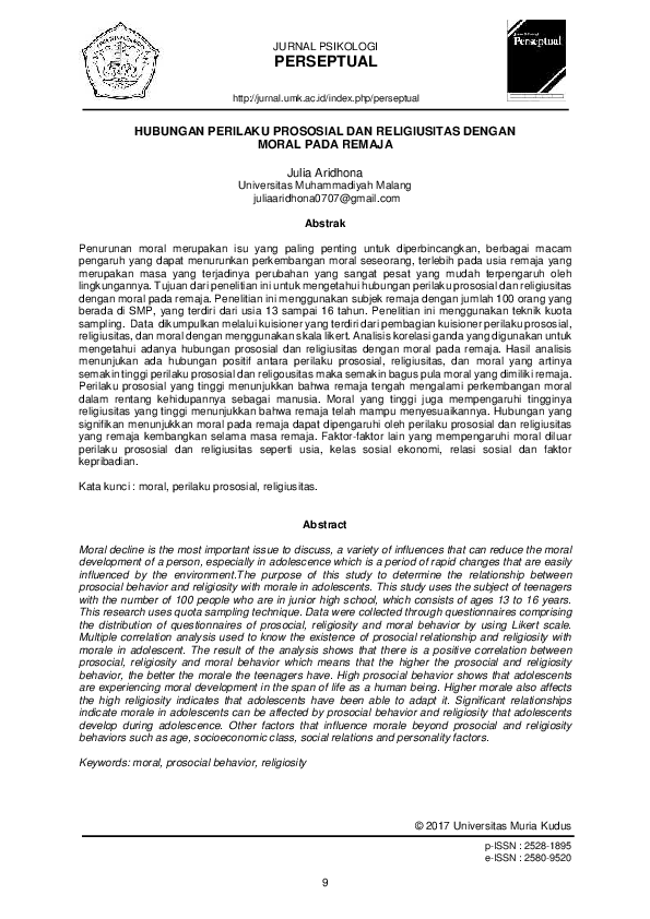 (PDF) Hubungan Perilaku Prososial Dan Religiusitas Dengan Moral Pada Remaja
