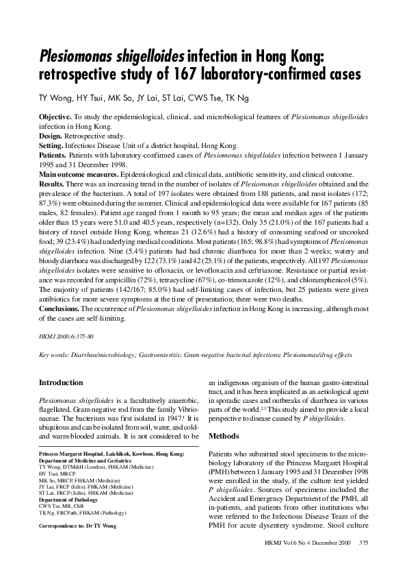 (PDF) Plesiomonas shigelloides infection in Hong Kong: retrospective ...