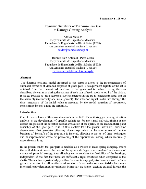 (PDF) Dynamic Simulator of Transmission Gear to Damage Gearing Analysis