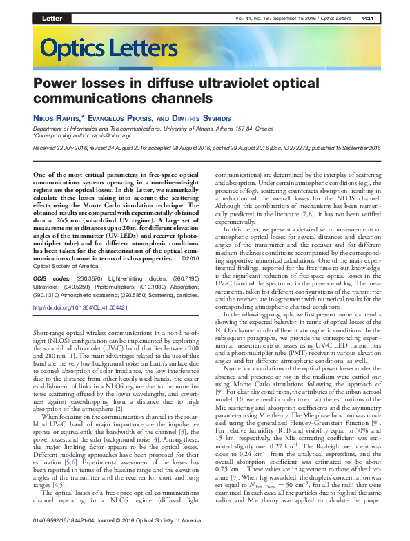 (PDF) Power losses in diffuse ultraviolet optical communications channels