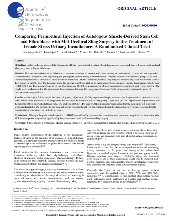 (PDF) Comparing Periurethral Injection of Autologous Muscle-Derived ...