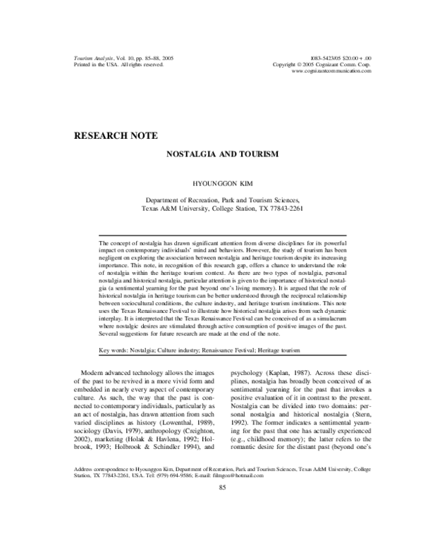 (PDF) Research Note: Nostalgia and Tourism