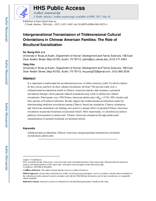 (PDF) Intergenerational Transmission of Tridimensional Cultural Orientations in Chinese American ...
