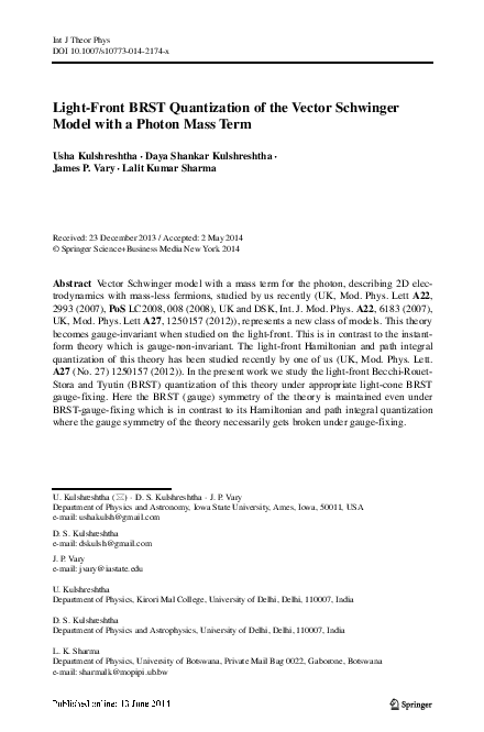 (PDF) Light-Front BRST Quantization of the Vector Schwinger Model with ...