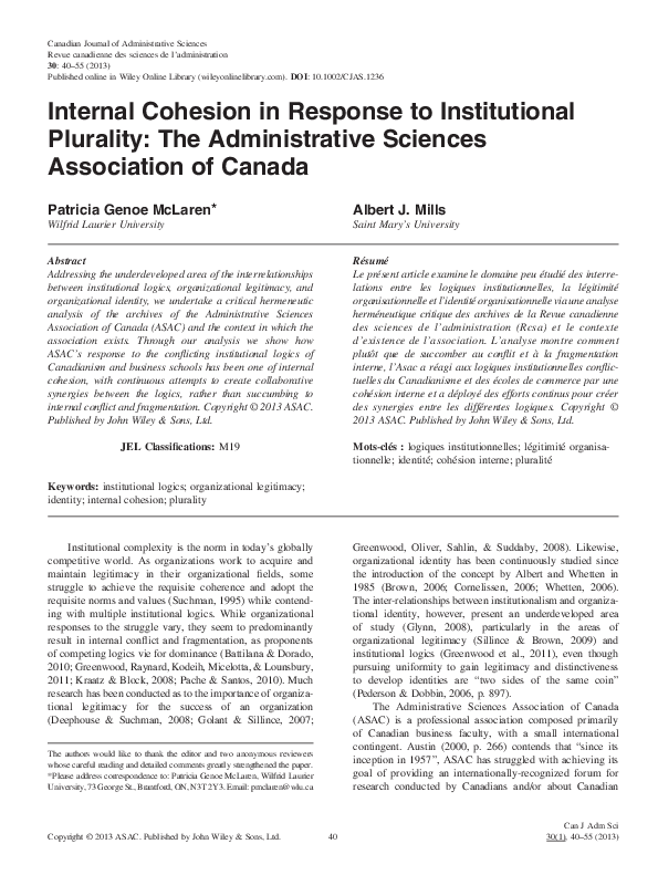 (PDF) Internal Cohesion in Response to Institutional Plurality: The ...