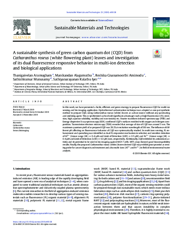 (PDF) A sustainable synthesis of green carbon quantum dot (CQD) from ...