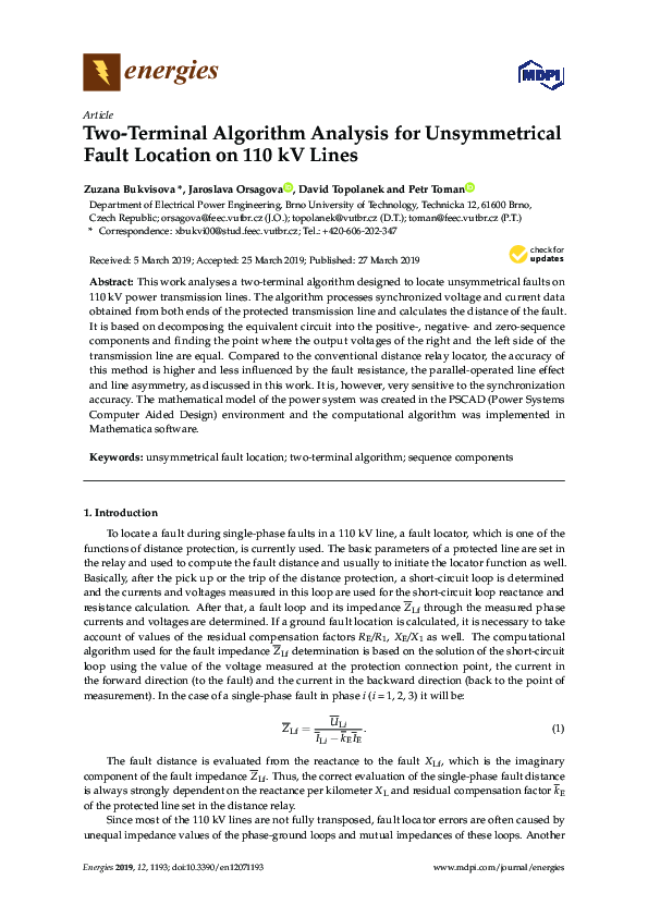 (PDF) Two-Terminal Algorithm Analysis for Unsymmetrical Fault Location on 110 kV Lines