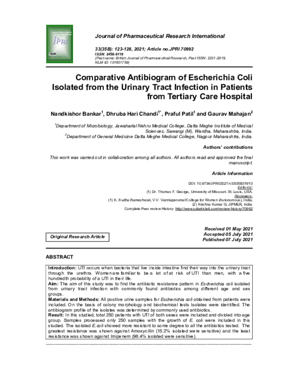 (PDF) Comparative Antibiogram of Escherichia Coli Isolated from the Urinary Tract Infection in ...