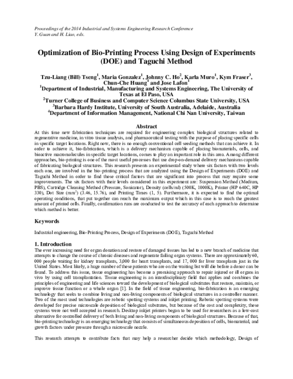 (PDF) Optimization of Bio-Printing Process Using Design of Experiments (DOE) and Taguchi Method