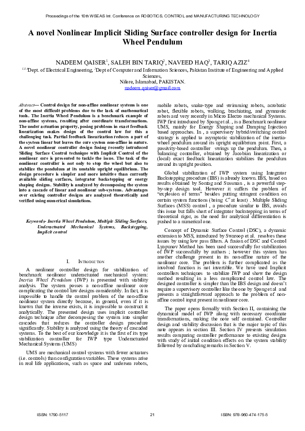 (PDF) A Novel Nonlinear Controller Design for the Inertia Wheel Pendulum