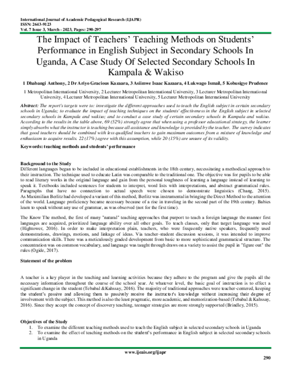 (PDF) The Impact of Teachers' Teaching Methods on Students' Performance in English Subject in ...