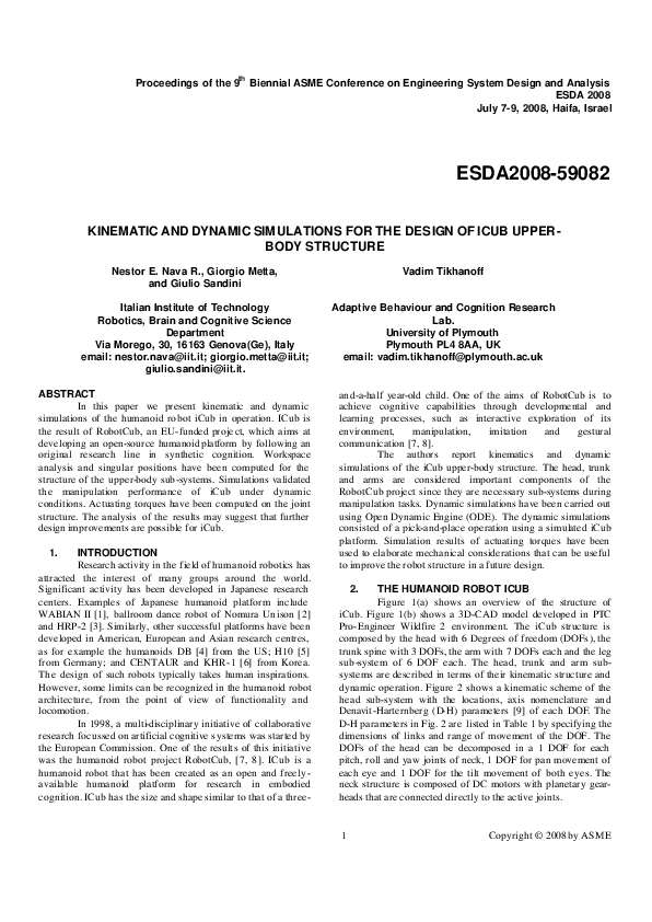 (PDF) Kinematic and Dynamic Simulations for the Design of iCub Upper ...