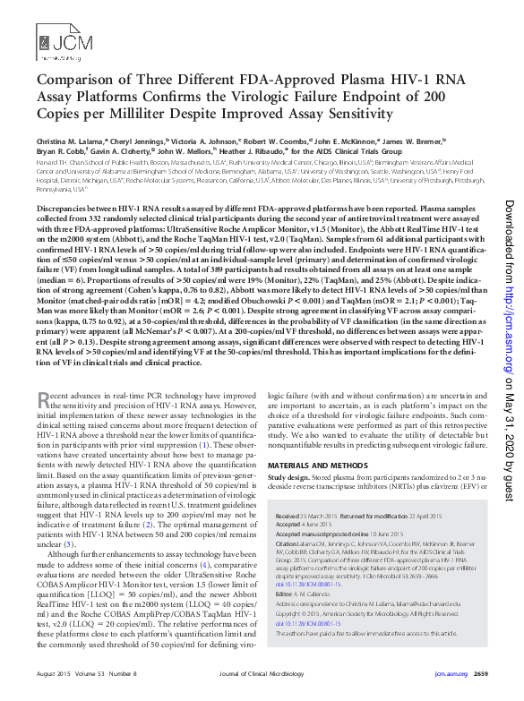 (PDF) Comparison of Three Different FDA-Approved Plasma HIV-1 RNA Assay Platforms Confirms the ...