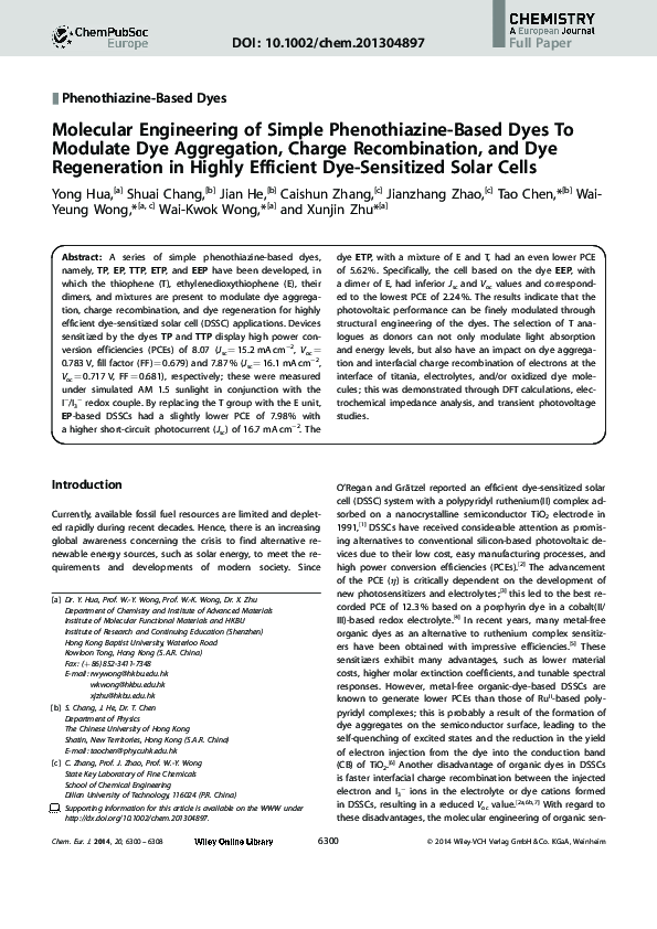 (PDF) Molecular Engineering of Simple Phenothiazine‐Based Dyes To ...