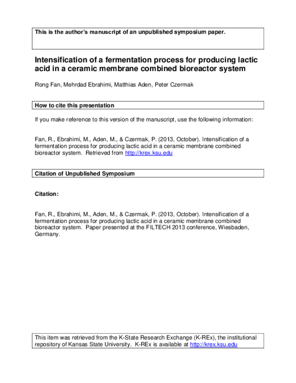 (PDF) Intensification of a fermentation process for producing lactic ...