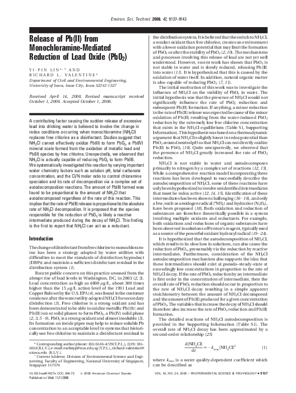 (PDF) Release of Pb(II) from Monochloramine-Mediated Reduction of Lead ...