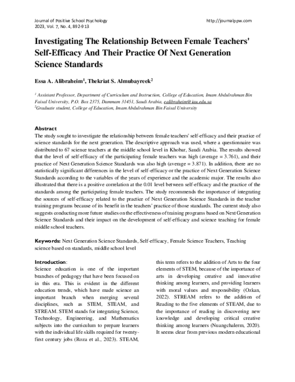 (PDF) Investigating The Relationship Between Female Teachers' Self-Efficacy And Their Practice ...