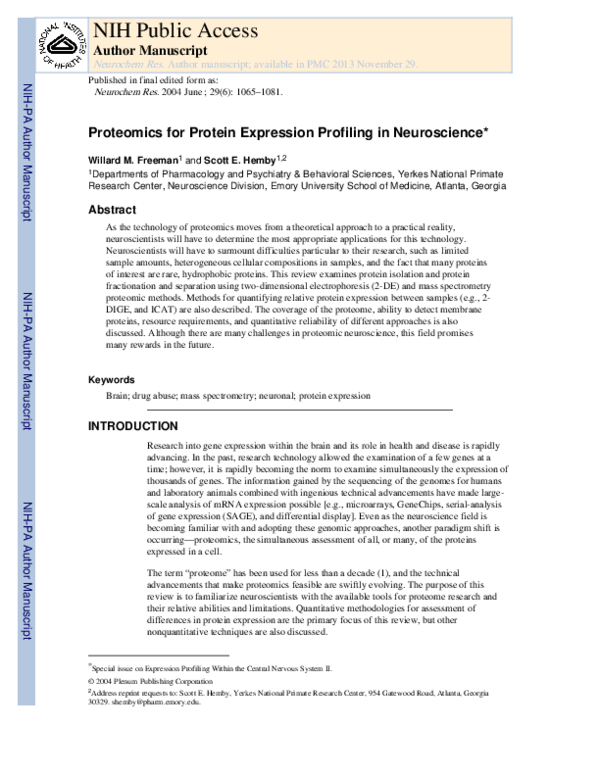 (PDF) Proteomics for Protein Expression Profiling in Neuroscience