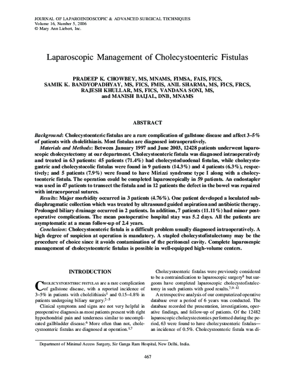 (PDF) Laparoscopic Management of Cholecystoenteric Fistulas