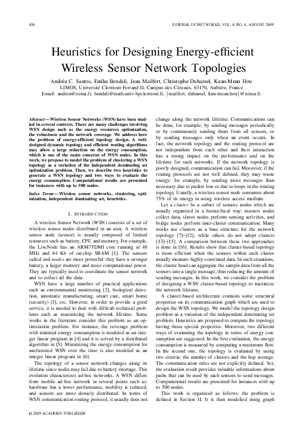 (PDF) Heuristics for Designing Energy-efficient Wireless Sensor Network Topologies