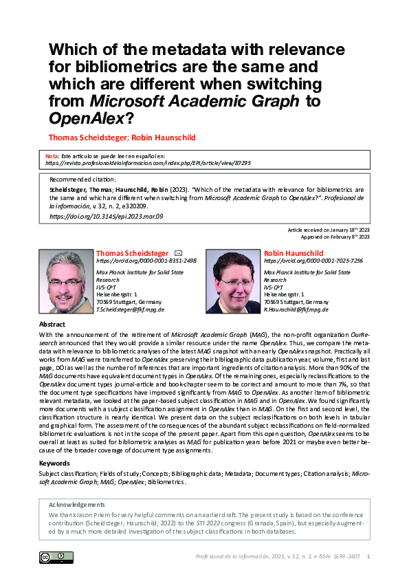(PDF) Which of the metadata with relevance for bibliometrics are the same and which are ...