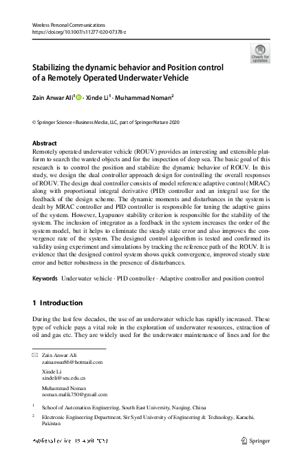 (PDF) Stabilizing the dynamic behavior and Position control of a Remotely Operated Underwater ...
