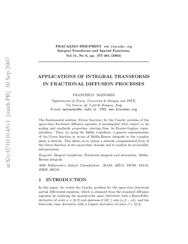 Pdf Applications Of Integral Transforms In Fractional Diffusion