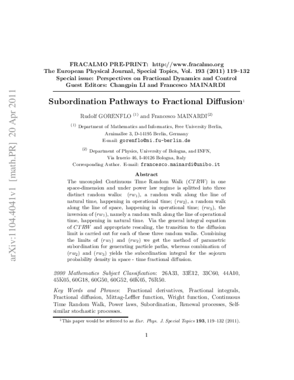 Pdf Subordination Pathways To Fractional Diffusion