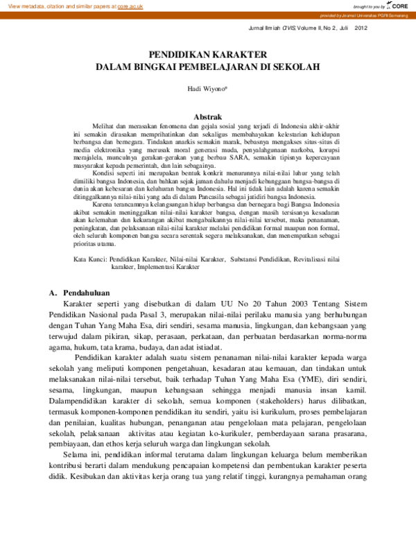 (PDF) Pendidikan Karakter Dalam Bingkai Pembelajaran DI Sekolah