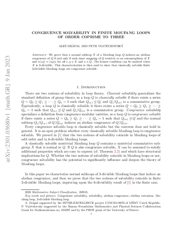 (PDF) Congruence solvability in finite Moufang loops of order coprime to three