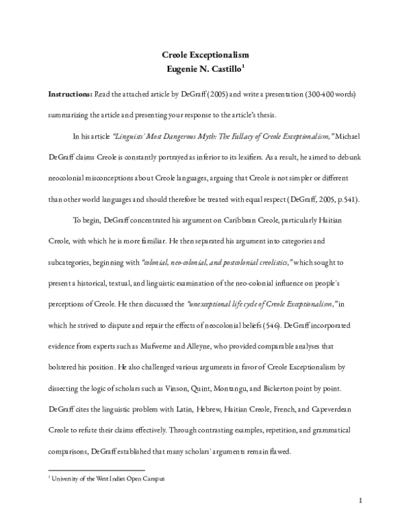 (PDF) DeGraff Creole Exceptionalism: A Summary