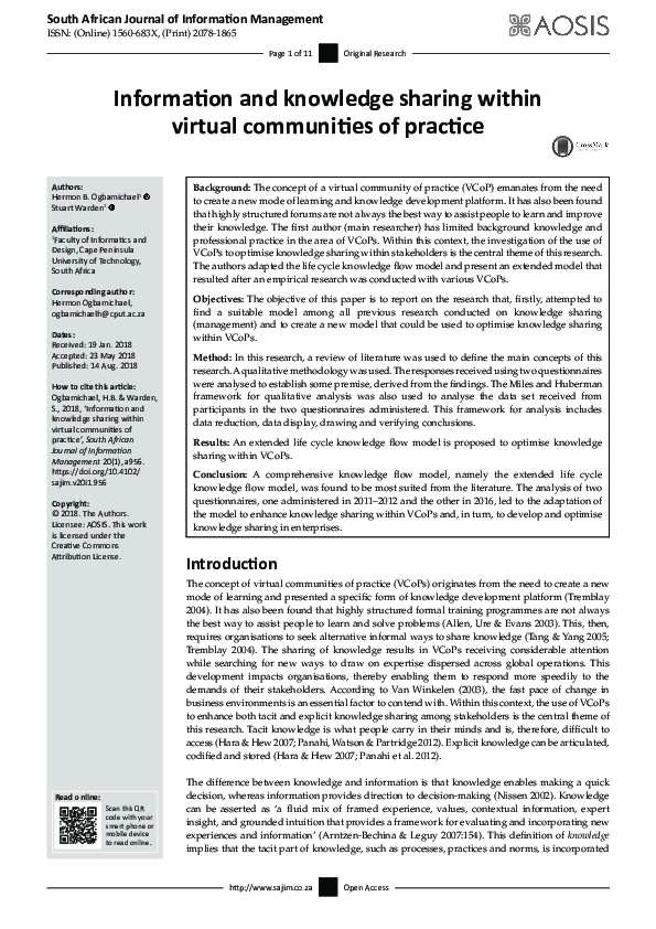 (PDF) Information and knowledge sharing within virtual communities of practice