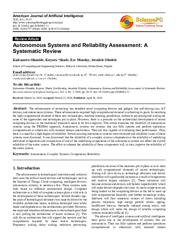 Pdf Autonomous Systems And Reliability Assessment A Systematic Review