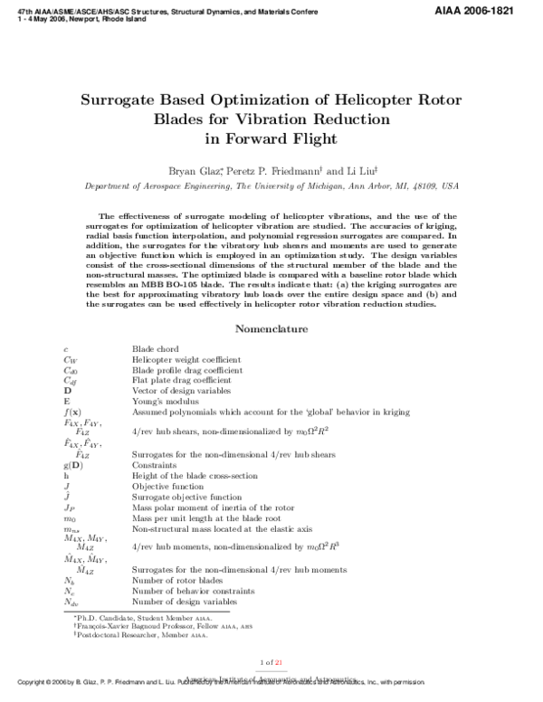 (PDF) Surrogate based optimization of helicopter rotor blades for vibration reduction in forward ...