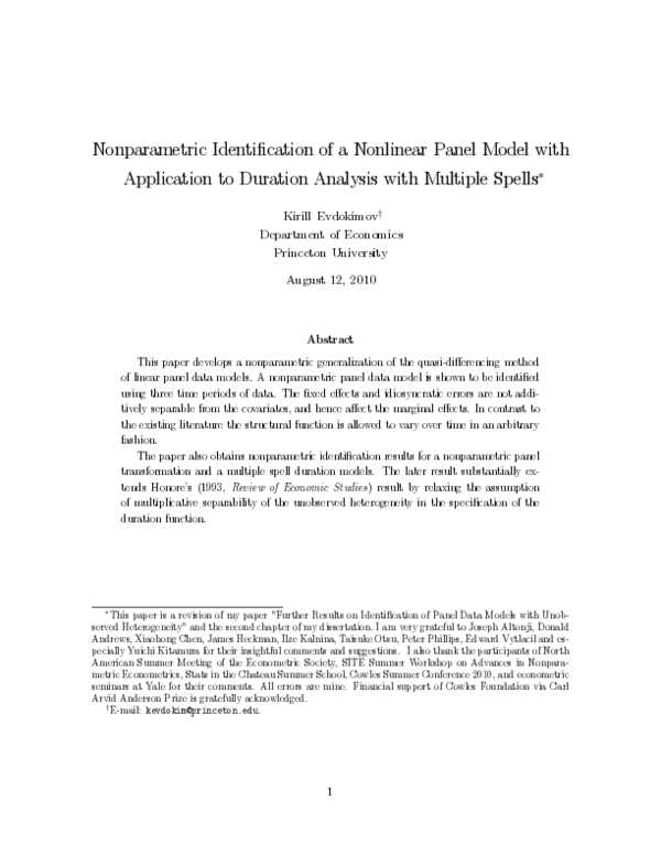 (PDF) Nonparametric Identification of a Nonlinear Panel Model with Application to Duration ...