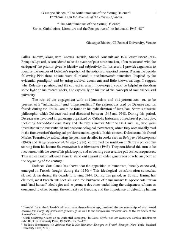 (PDF) The Antihumanism of the Young Deleuze | Giuseppe Bianco ...